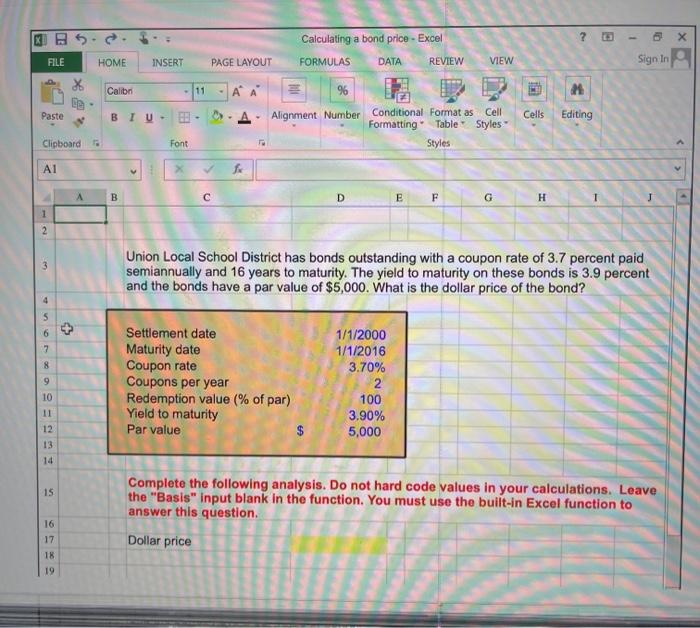 Solved B5 है 5 х Calculating a bond price - Excel FORMULAS | Chegg.com