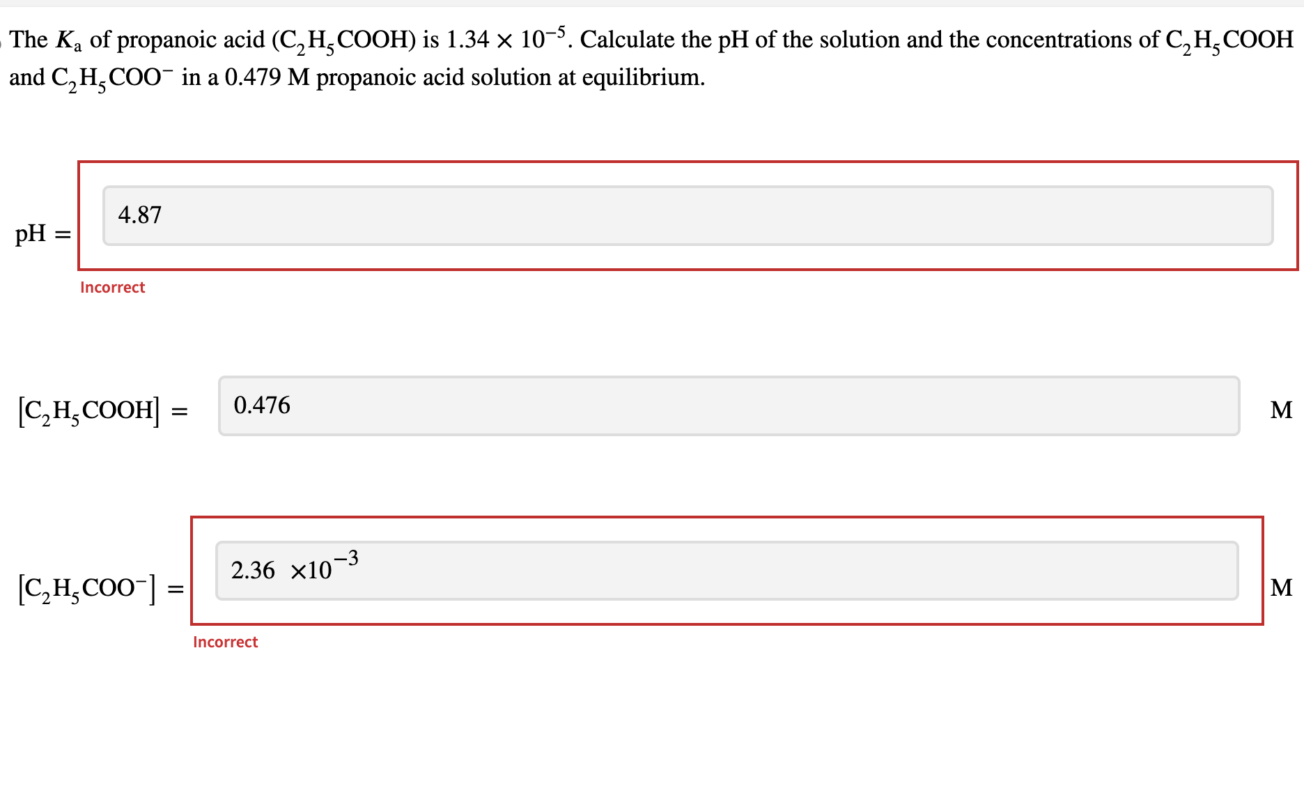 Solved The Ka ﻿of propanoic acid (C2H5COO H) ﻿is 1.34×10-5. | Chegg.com