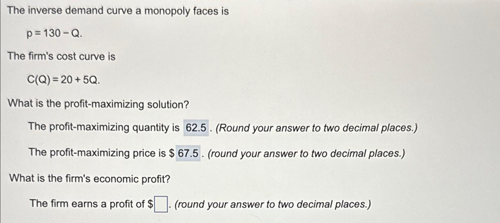 Solved The inverse demand curve a monopoly faces | Chegg.com