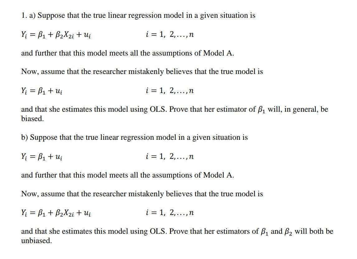 Solved 1. a) Suppose that the true linear regression model | Chegg.com