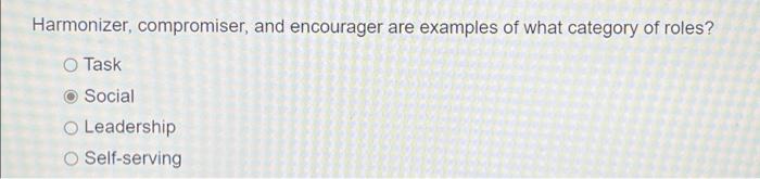 Harmonizer, compromiser, and encourager are examples | Chegg.com