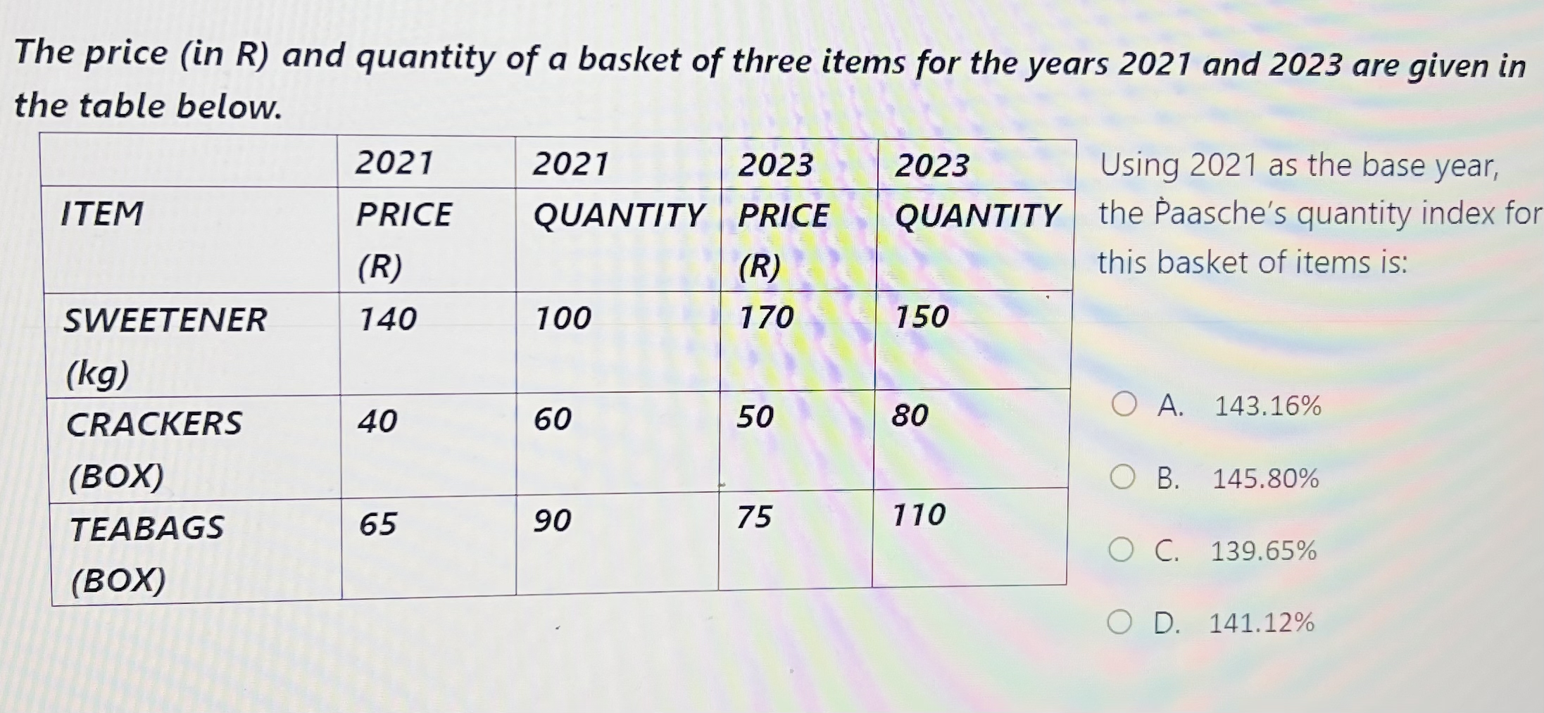 The price (in R) ﻿and quantity of a basket of three | Chegg.com