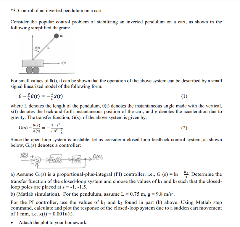 Solved *3. ﻿Control of an inverted pendulum on a | Chegg.com