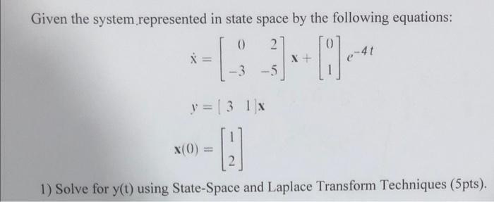 Solved Given the system represented in state space by the | Chegg.com