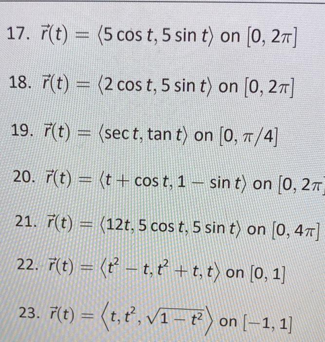 Solved 17. F(t) = (5 cos t, 5 sin t) on (0, 27 18. F(t) = (2 | Chegg.com