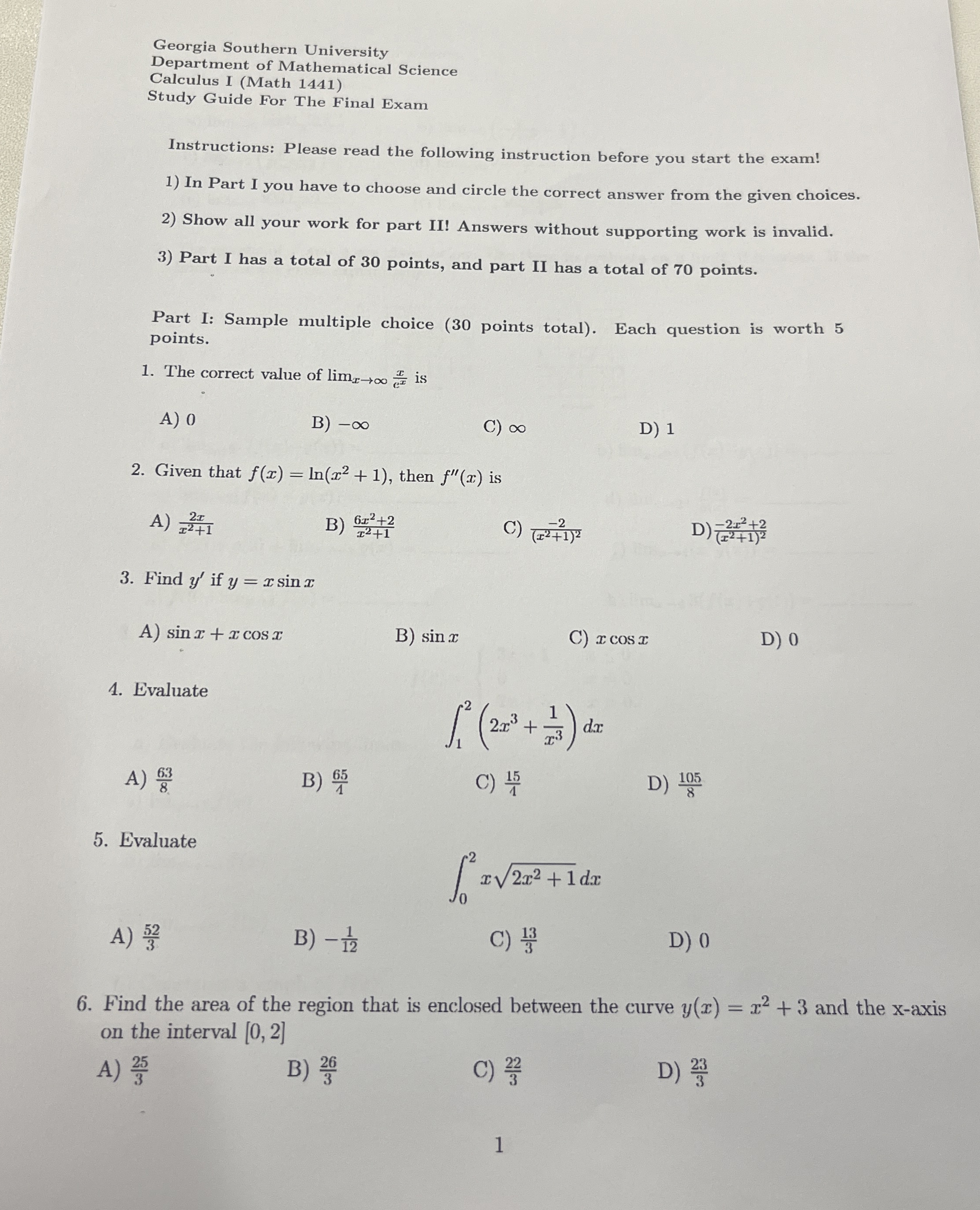 Solved Georgia Southern UniversityDepartment of Mathematical | Chegg.com