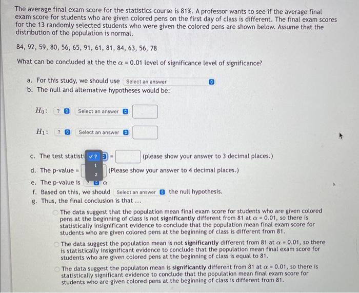 Solved The average final exam score for the statistics | Chegg.com
