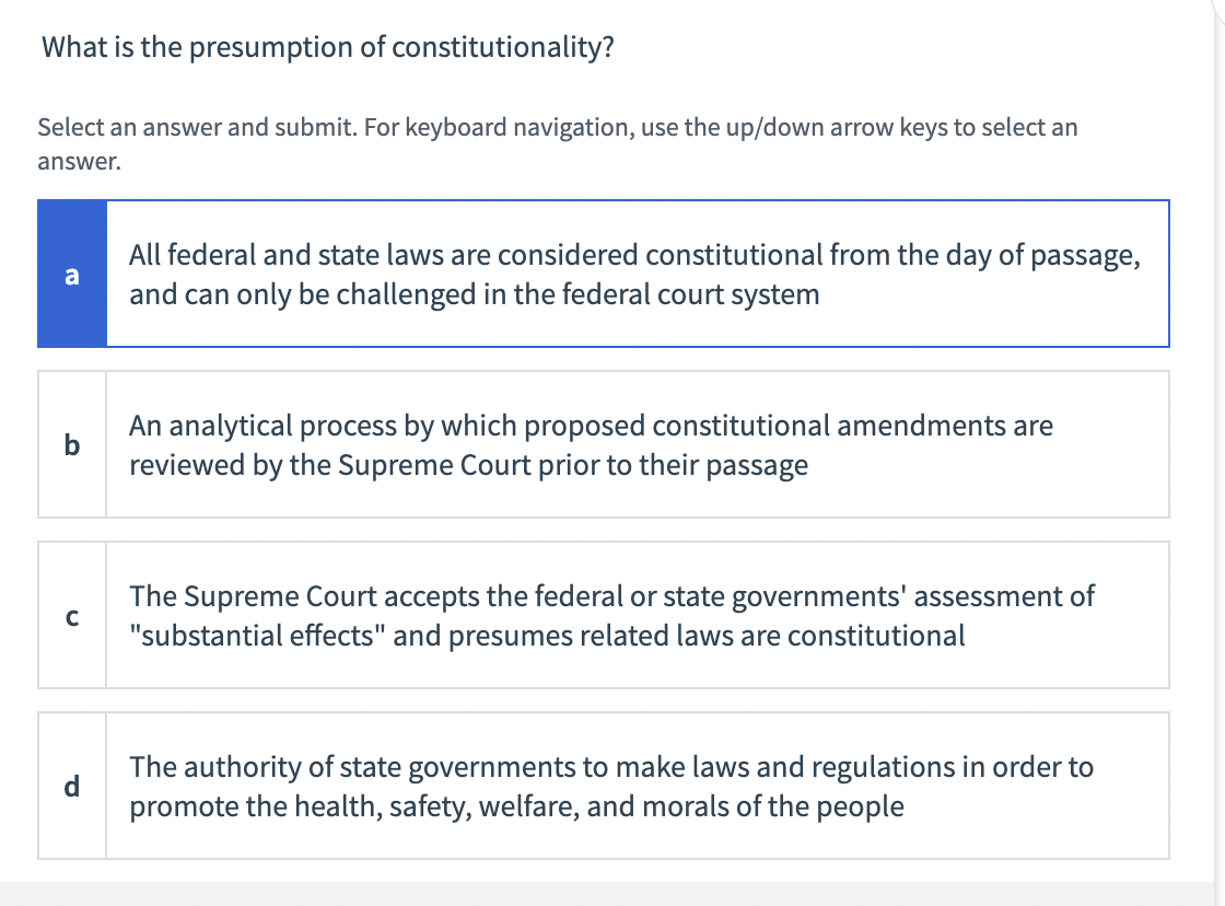 Solved What is the presumption of constitutionality?Select | Chegg.com