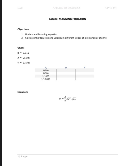 Solved LAB APPLIED HYDRAULICS CIVE LAB #2: MANNING EQUATION | Chegg.com Solved LAB APPLIED HYDRAULICS CIVE LAB #2: MANNING EQUATION | Chegg.com