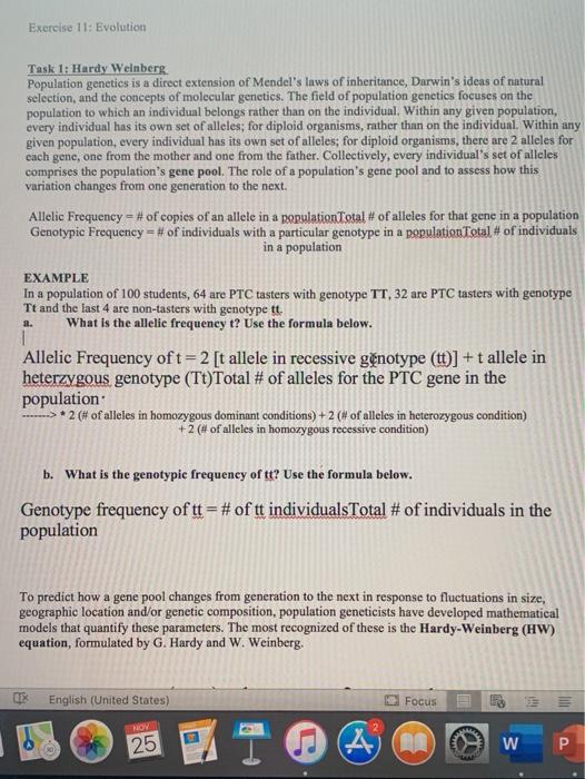 Solved Exercise 11: Evolution Task 1: Hardy Weinberg | Chegg.com