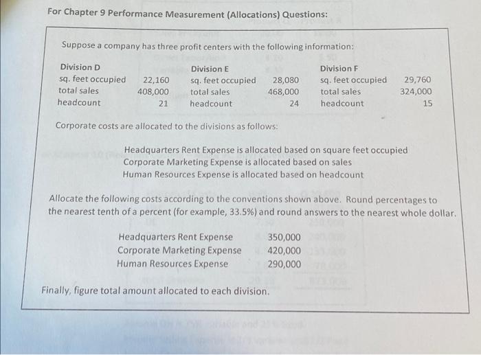 Solved For Chapter 9 Performance Measurement (Allocations) | Chegg.com