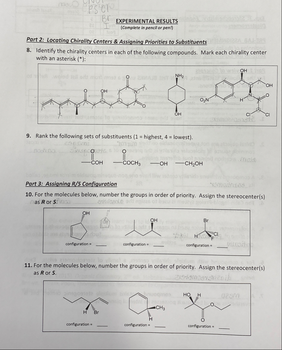 Solved EXPERIMENTAL RESULTS(Complete in pencil or pen!)Part | Chegg.com