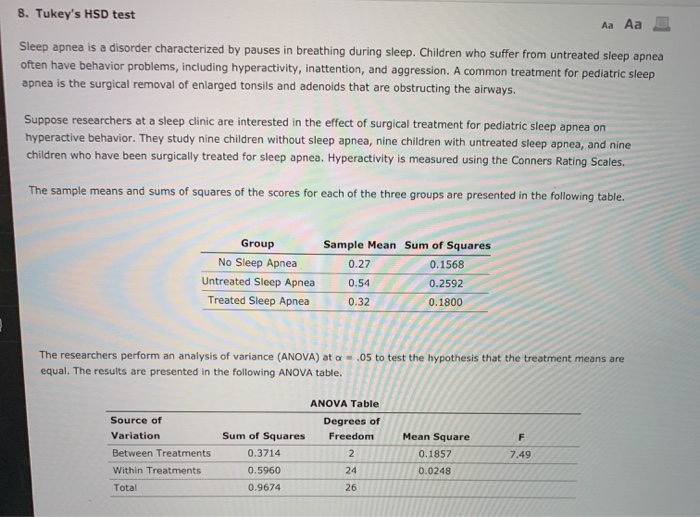 Solved 8. Tukey's HSD test Aa Aa E Sleep apnea is a disorder | Chegg.com