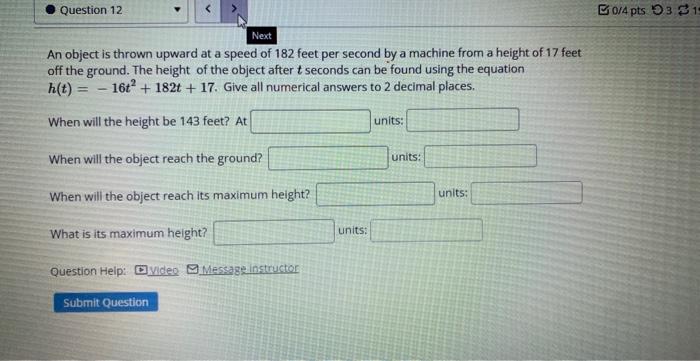 Solved An object is thrown upward at a speed of 182 feet per | Chegg.com
