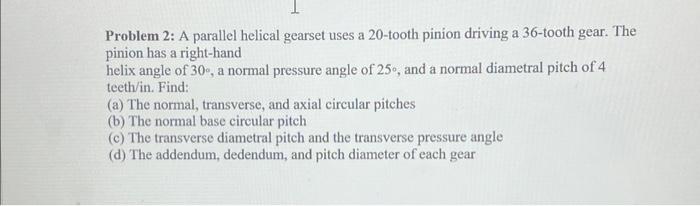 Solved Problem 2: A parallel helical gearset uses a 20-tooth | Chegg.com