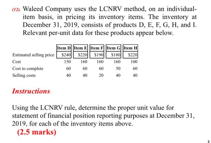 Solved (12). Waleed Company uses the LCNRV method, on an | Chegg.com