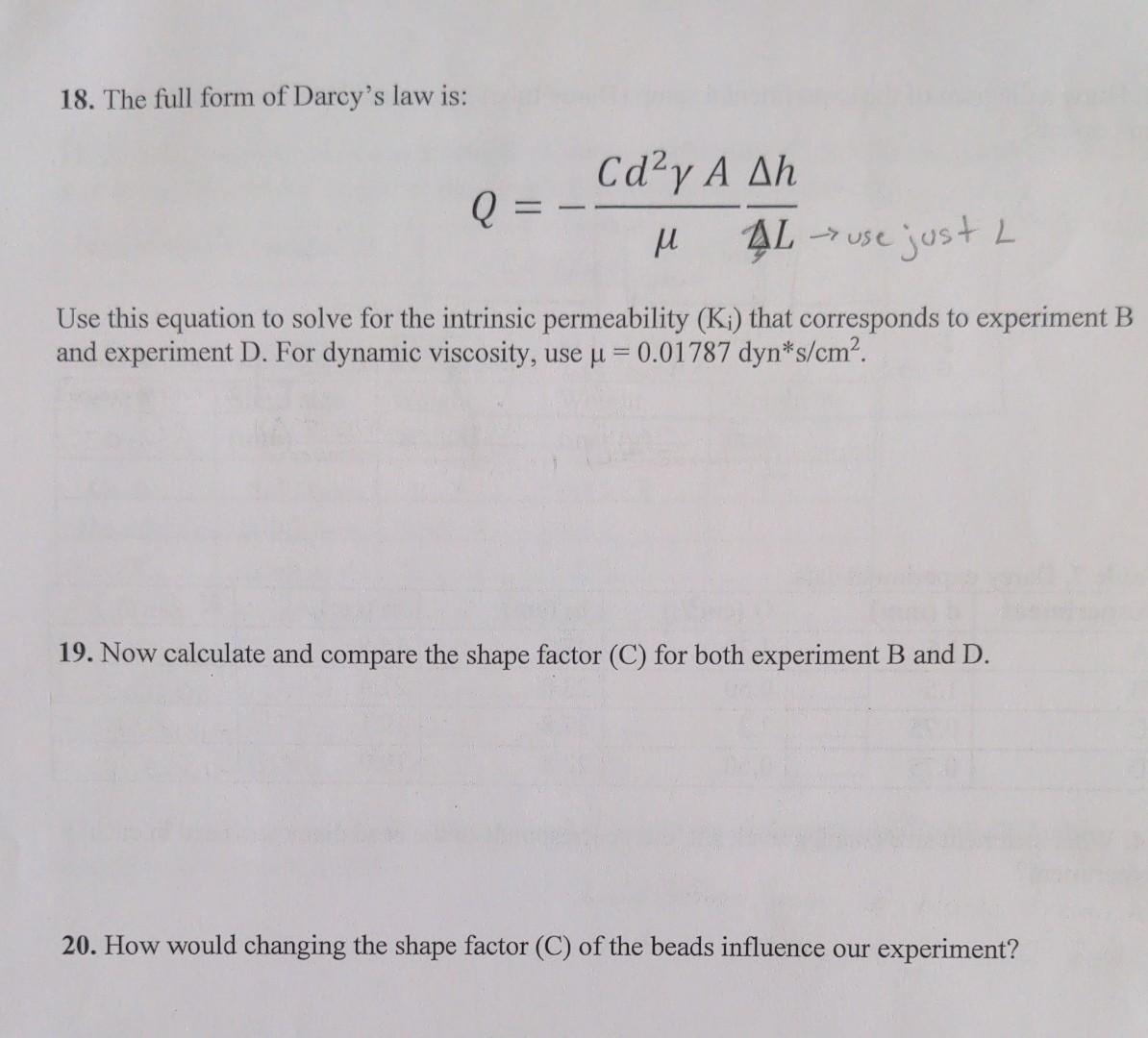 Solved Table 7. Darcy experiment data | Chegg.com