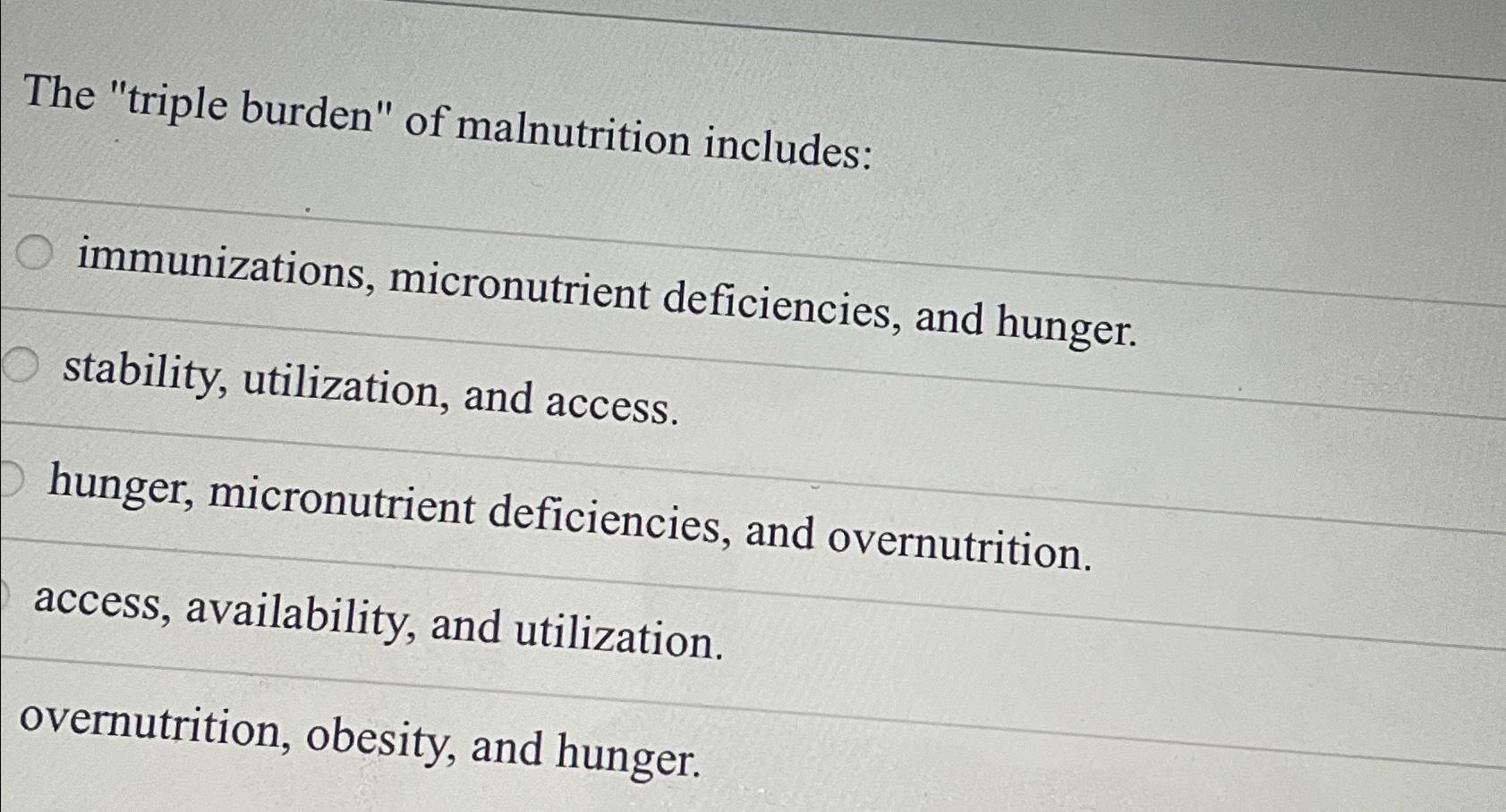 Solved The "triple burden" of malnutrition | Chegg.com