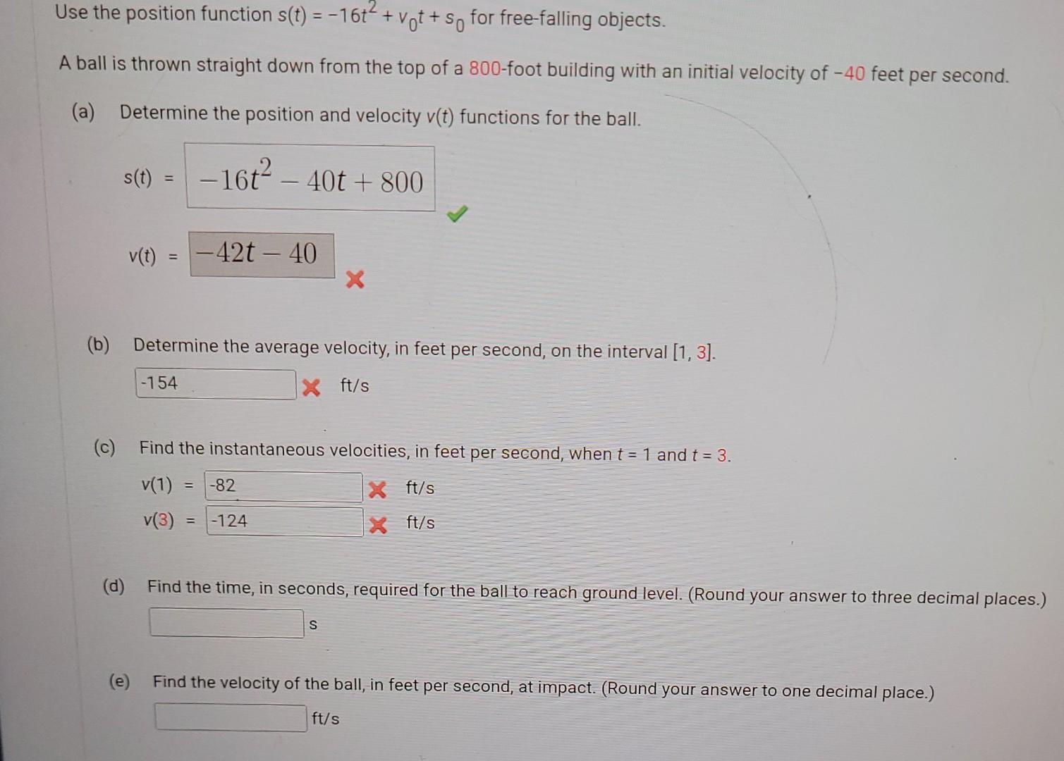 Solved Use the position function s(t) = -167" + vot+so for | Chegg.com