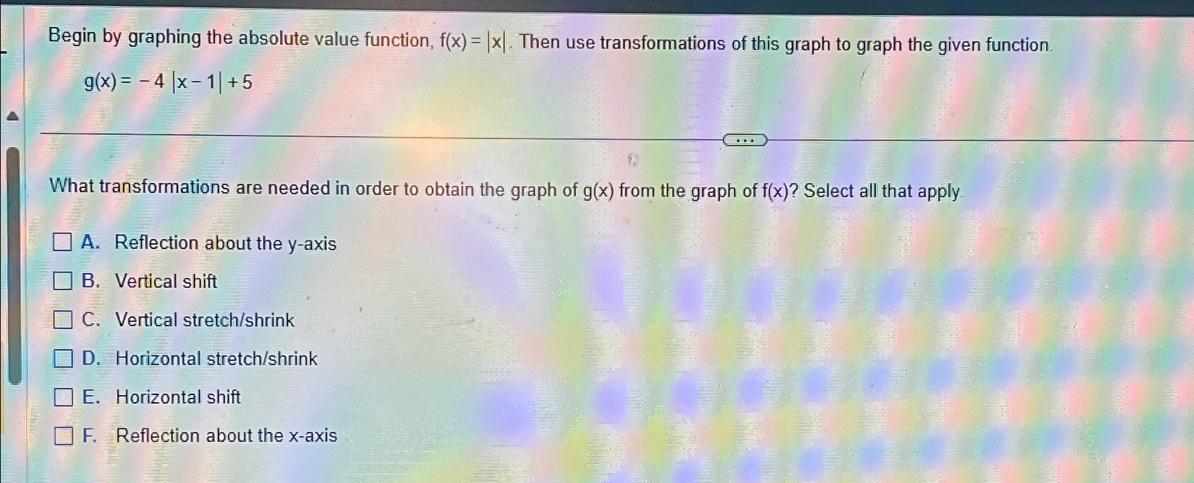 Solved Begin by graphing the absolute value function, | Chegg.com