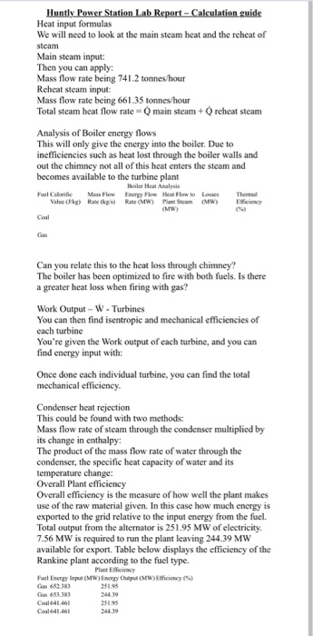 Huntly Power Station Lab Report - Calculation guide | Chegg.com