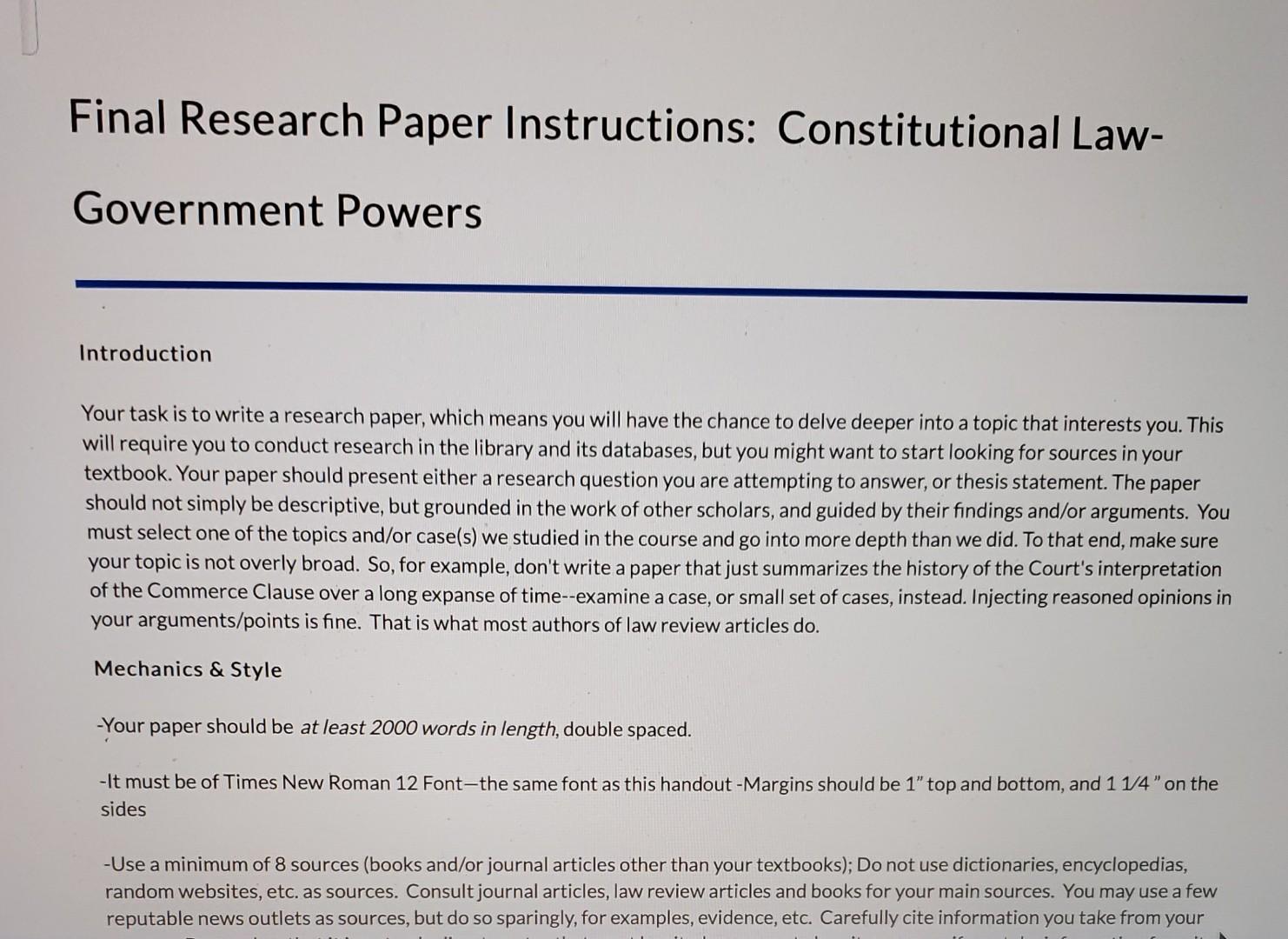 Final Research Paper Instructions: Constitutional | Chegg.com