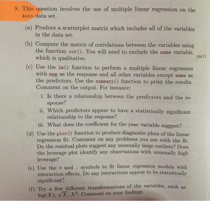 Solved in R using the package islr and auto dataset solve | Chegg.com