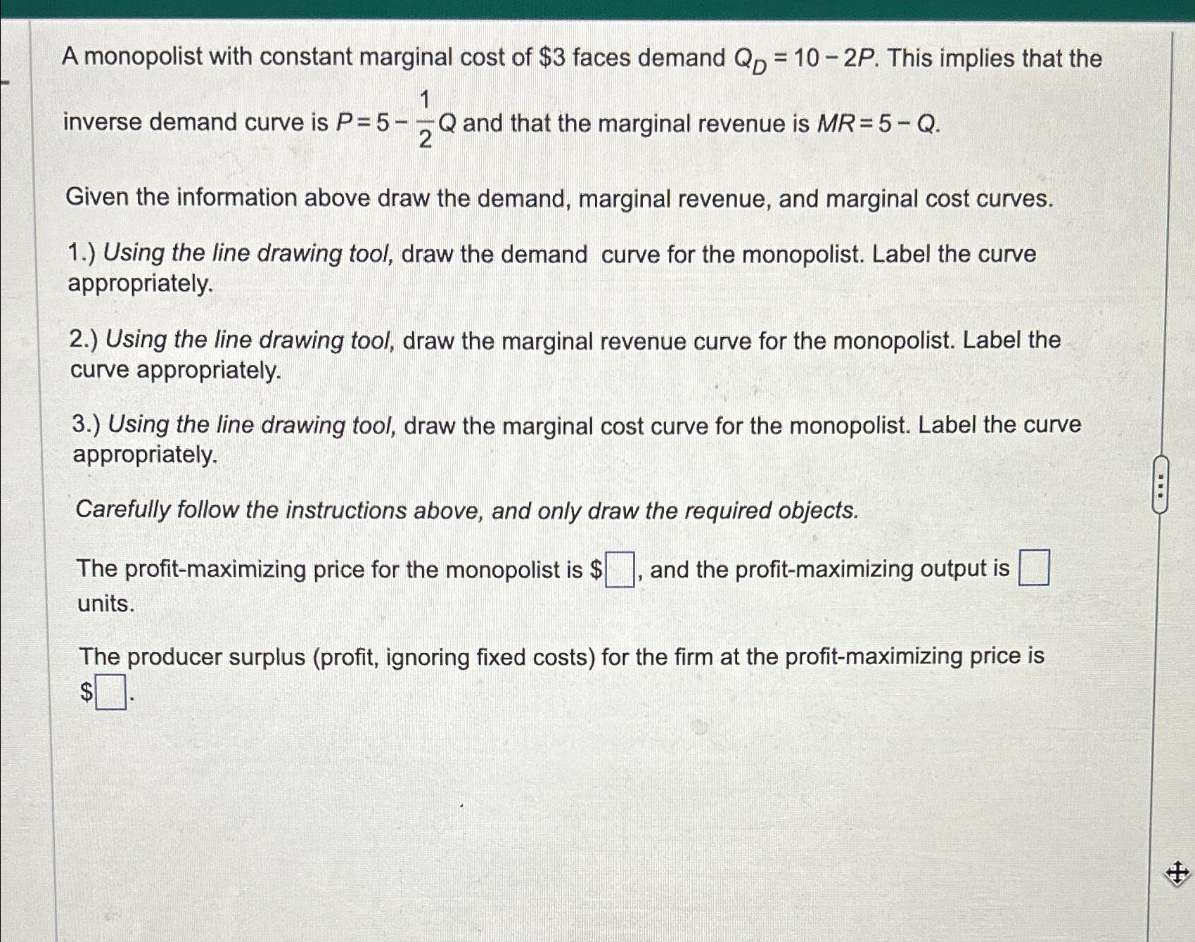 Solved A monopolist with constant marginal cost of $3 ﻿faces | Chegg.com