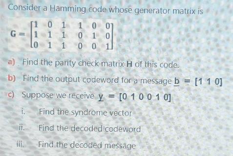 Solved Consider a Hamming code whose generator matrix is s1 | Chegg.com