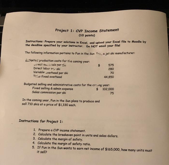 Solved Project 1: CVP Income Statement (10 points) | Chegg.com