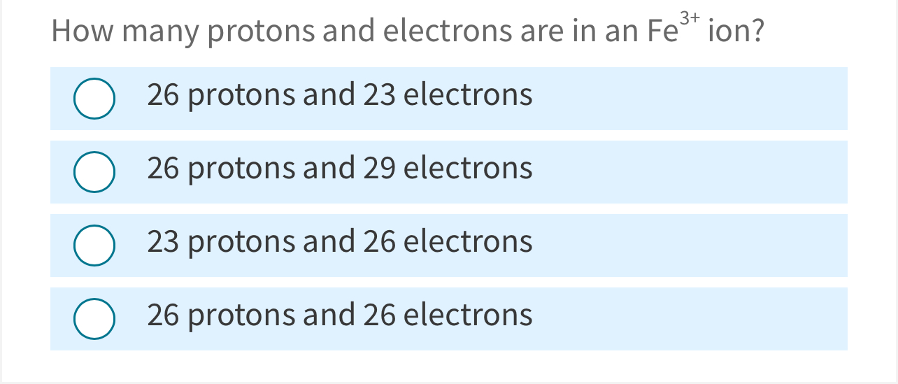 Solved How many protons and electrons are in an Fe3+ ﻿ion?26 | Chegg.com