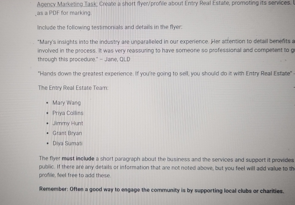 Solved Agency Marketing Task: Create a short flyer/profile | Chegg.com