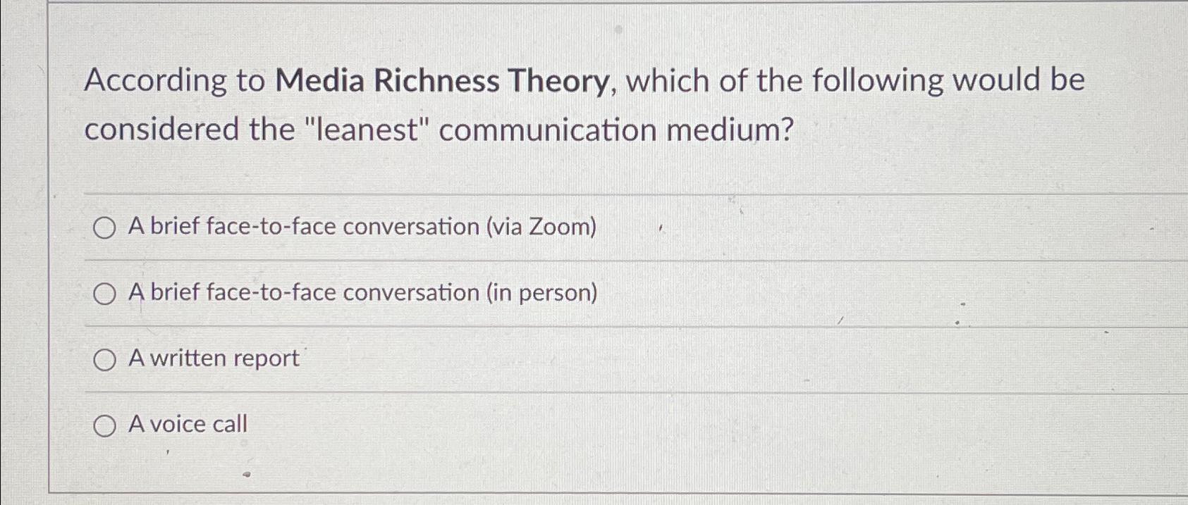Solved According to Media Richness Theory, which of the | Chegg.com