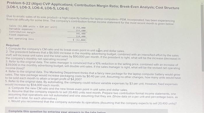Solved Problem 6-22 (Algo) CVP Applications; Contribution | Chegg.com