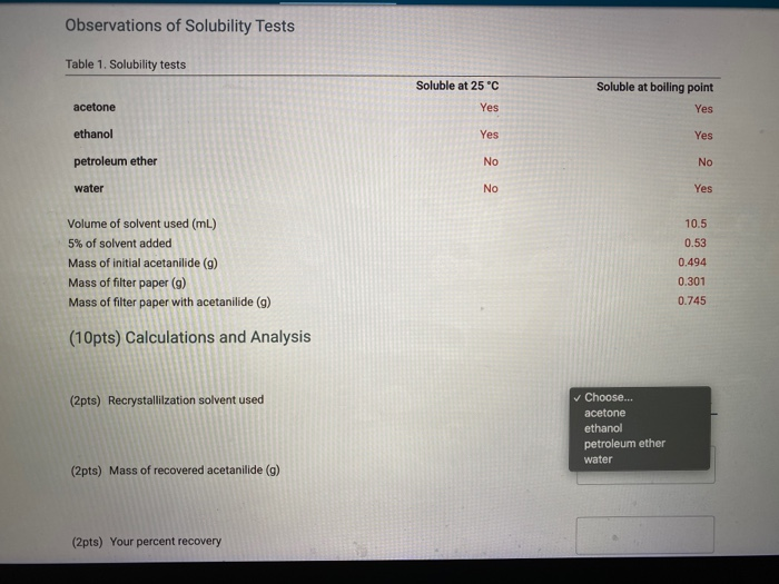 Solved Observations of Solubility Tests Table 1. Solubility | Chegg.com
