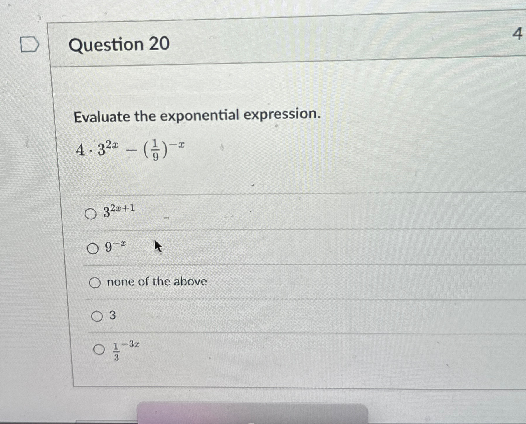Solved Question 20Evaluate the exponential | Chegg.com