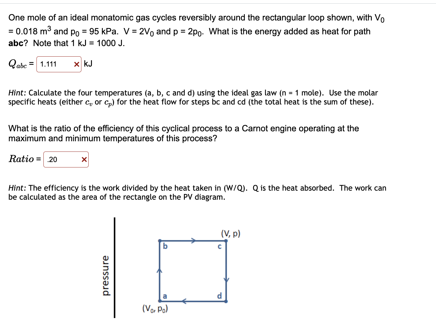 Solved One mole of an ideal monatomic gas cycles reversibly | Chegg.com