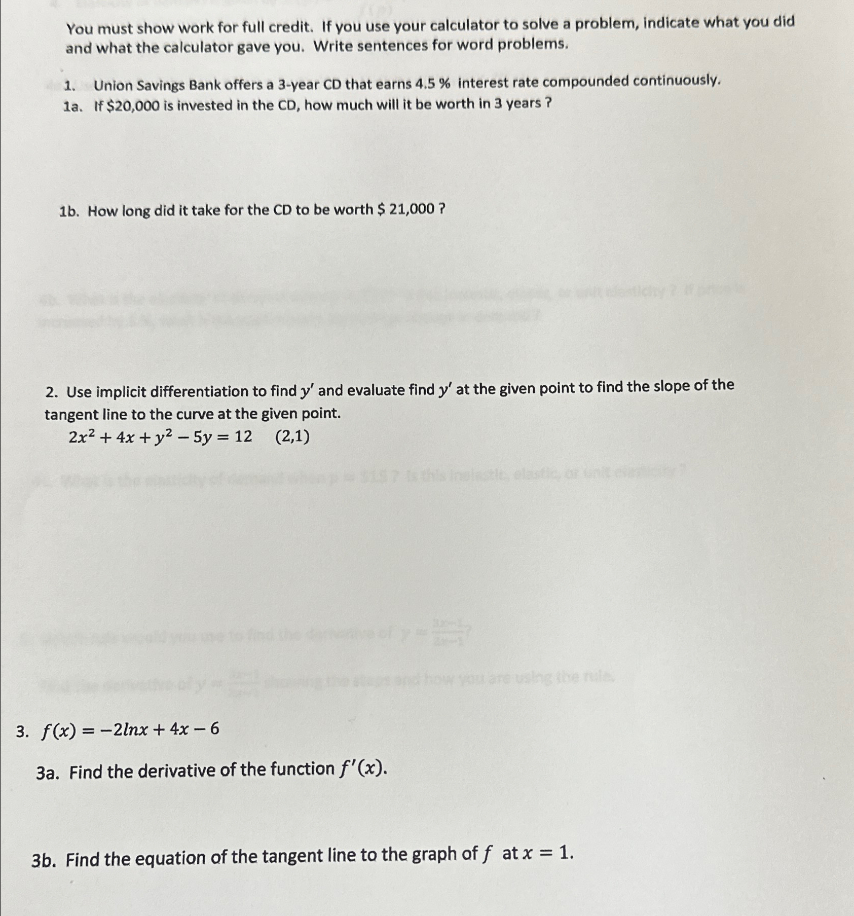 Solved You must show work for full credit. If you use your | Chegg.com