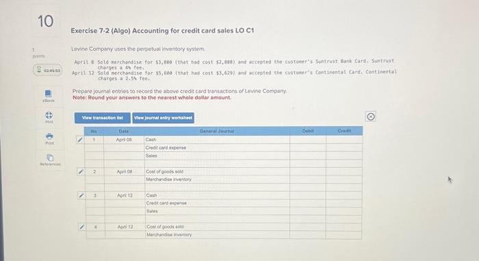 Solved Exercise 7-2 (Algo) Accounting for credit card sales | Chegg.com