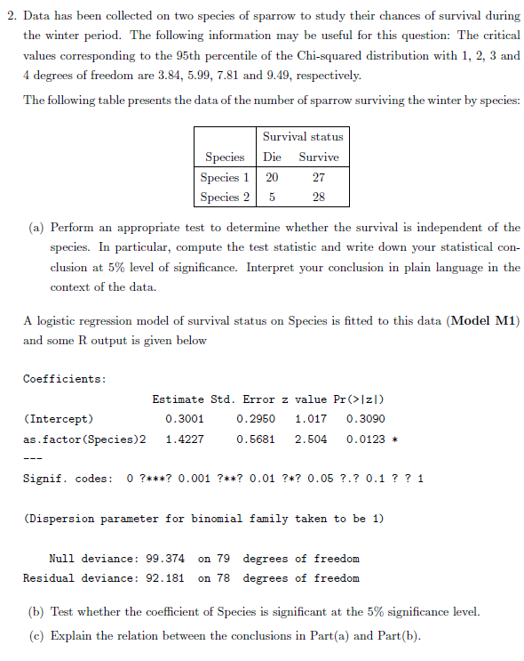 Solved Data has been collected on two species of sparrow to | Chegg.com