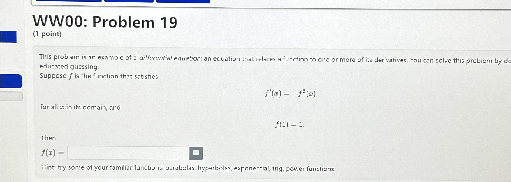 Solved WW00: Problem 19(1 ﻿point)This problem is an example | Chegg.com