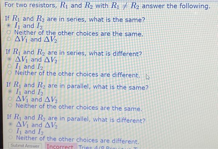 Solved For two resistors, R1 and R2 with R1 =R2 answer the | Chegg.com