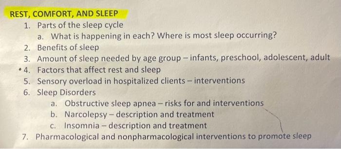Solved REST, COMFORT, AND SLEEP 1. Parts of the sleep cycle | Chegg.com