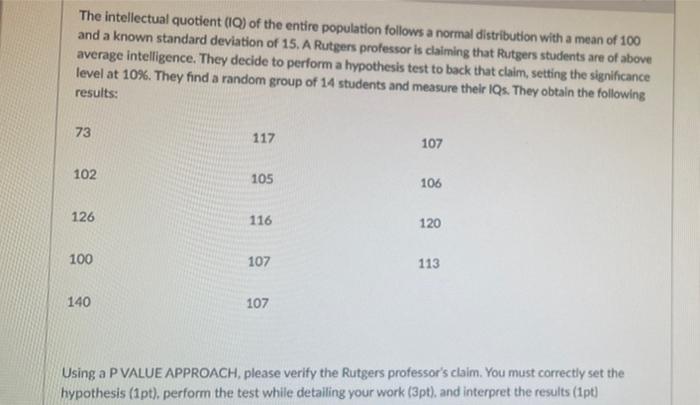 Solved The intellectual quotient (IQ) of the entire | Chegg.com