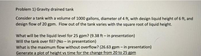 Solved Problem 1) Gravity drained tank Consider a tank with | Chegg.com