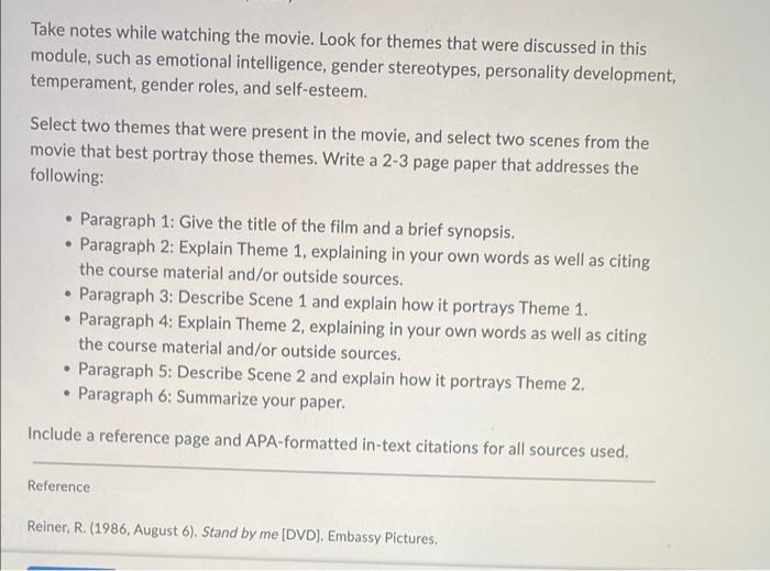 Take notes while watching the movie. Look for themes | Chegg.com