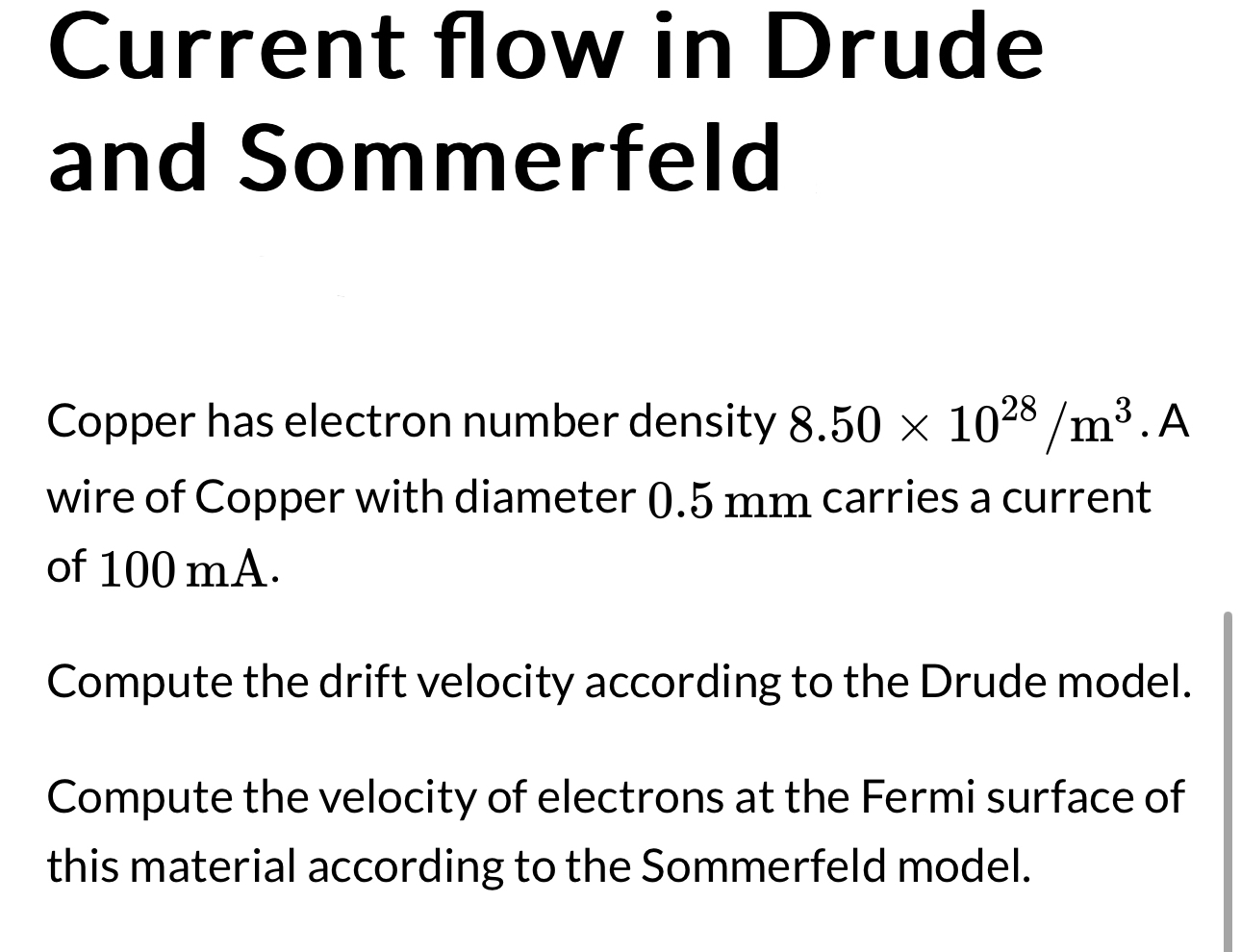 Solved Current flow in Drude and SommerfeldCopper has | Chegg.com