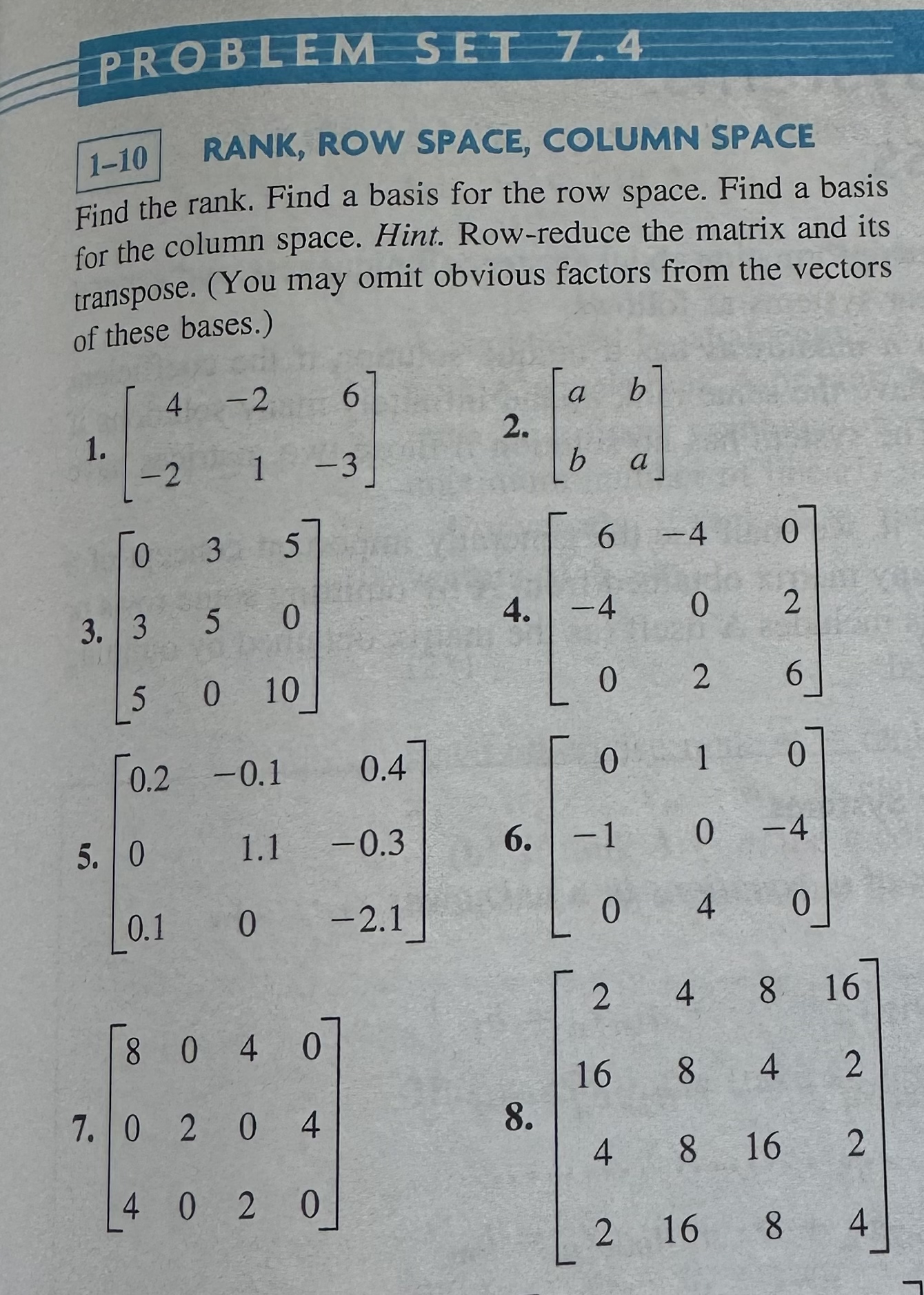 Solved PROBEEM SET 7.41-10 ﻿RANK, ROW SPACE, COLUMN | Chegg.com