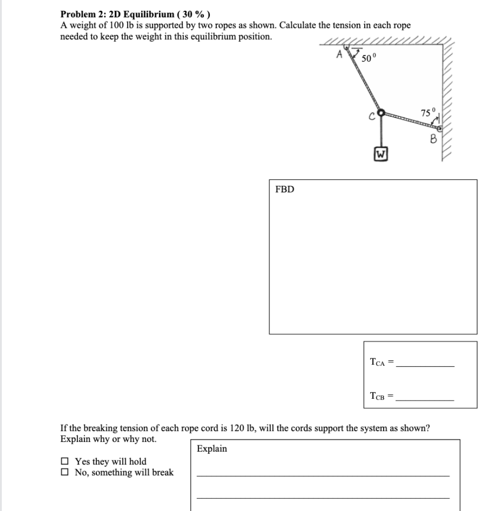 Solved Problem 2: 2D Equilibrium ( 30% )A weight of 100lb | Chegg.com