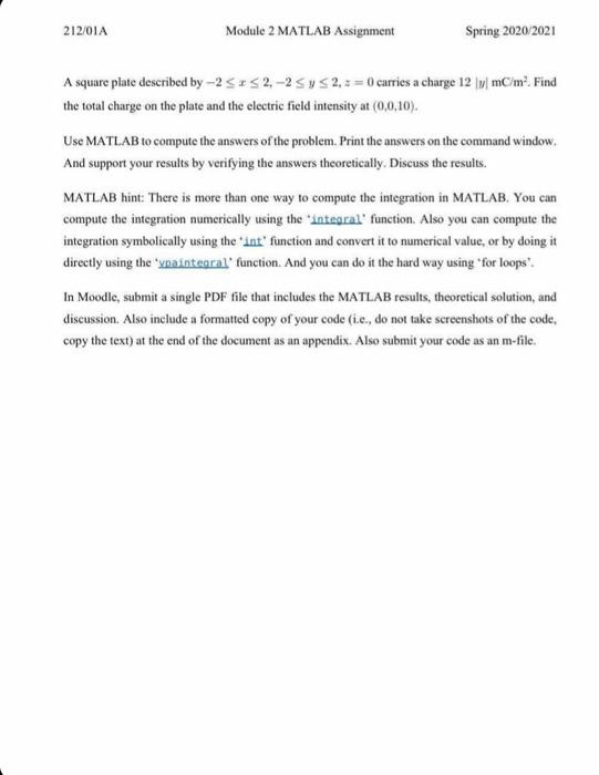 Solved 212/01A Module 2 MATLAB Assignment Spring 2020/2021 A | Chegg.com